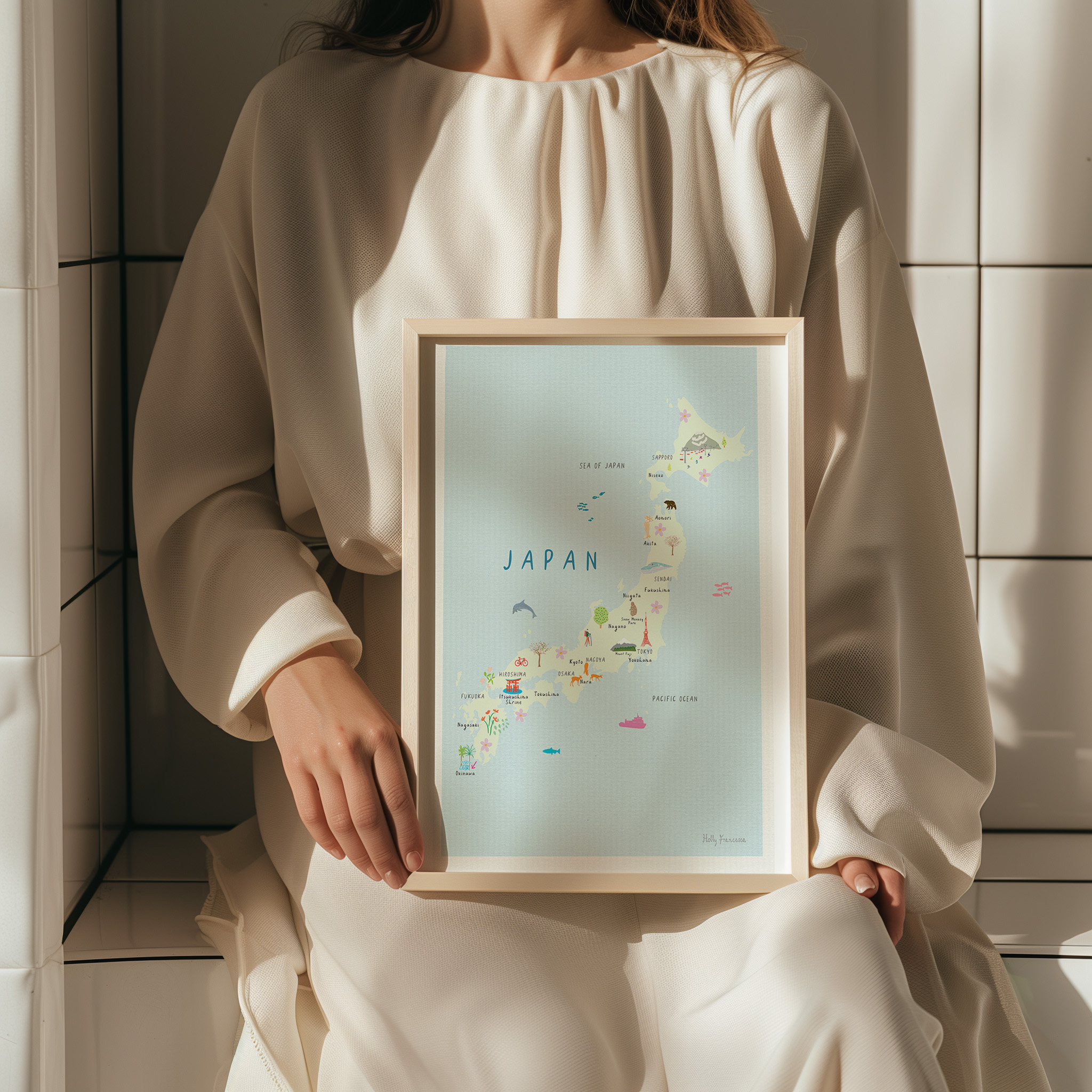Illustrated hand drawn Map of Japan by UK artist Holly Francesca.
