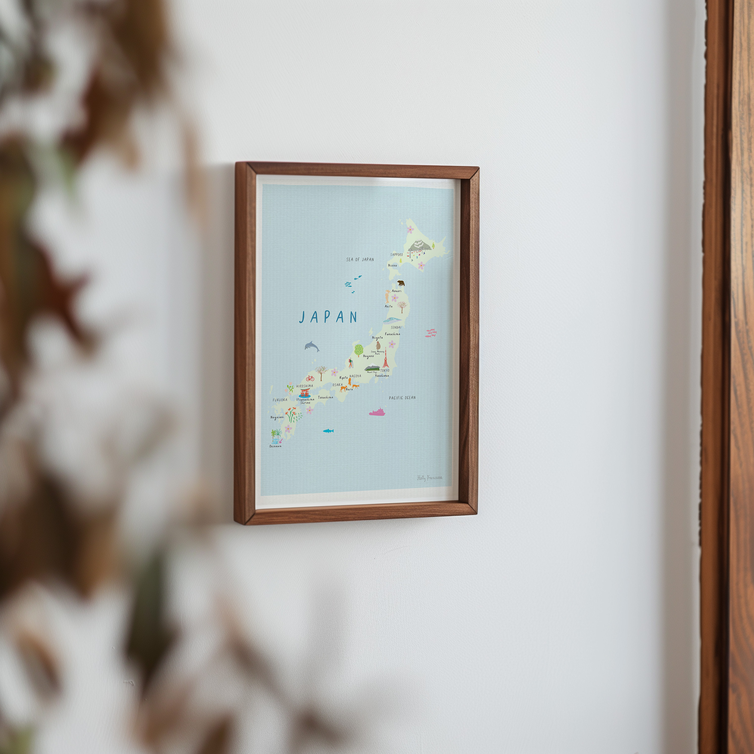 Illustrated hand drawn Map of Japan by UK artist Holly Francesca.