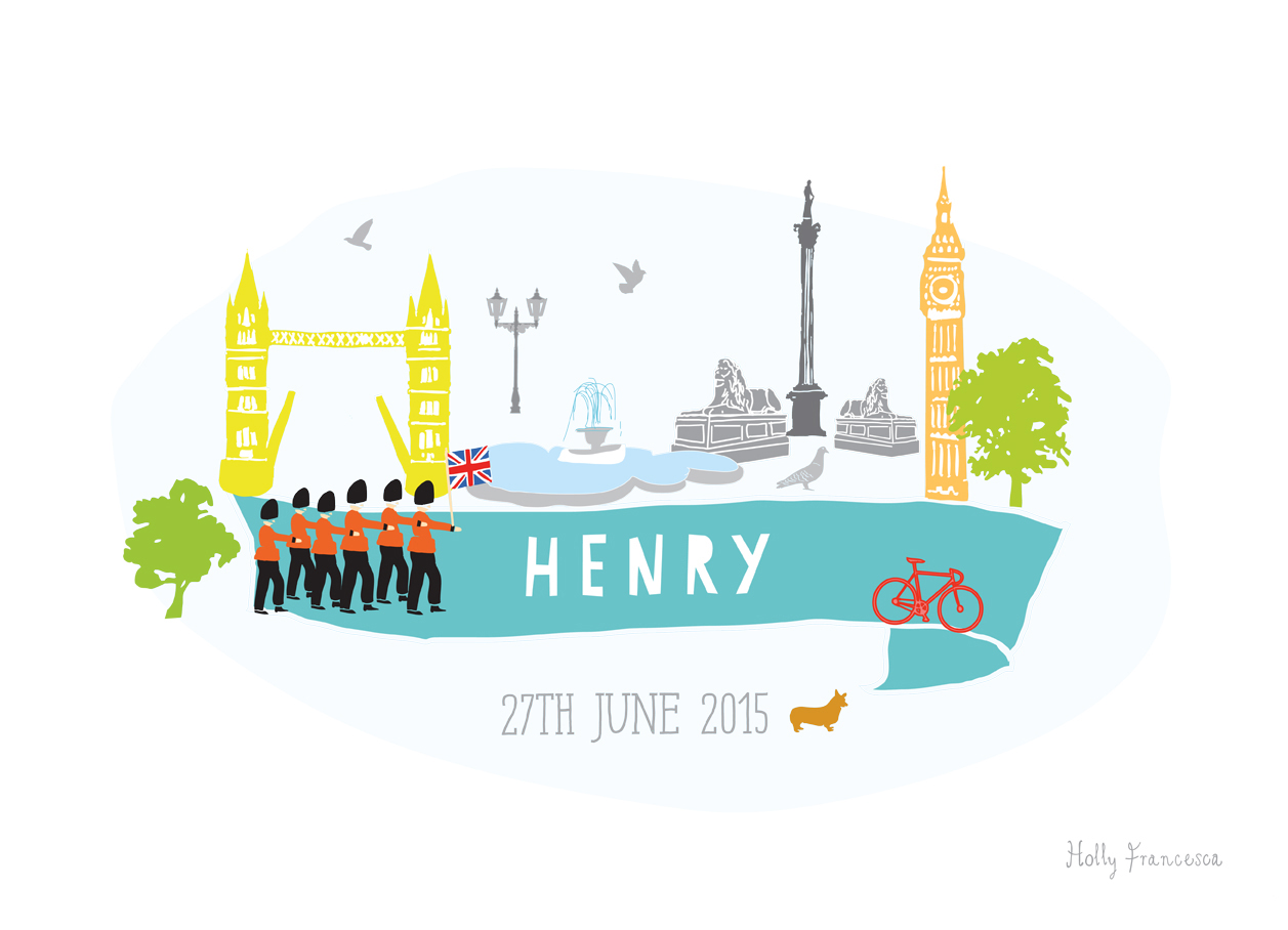 Illustrated hand drawn London-themed Name art print by artist Holly ...