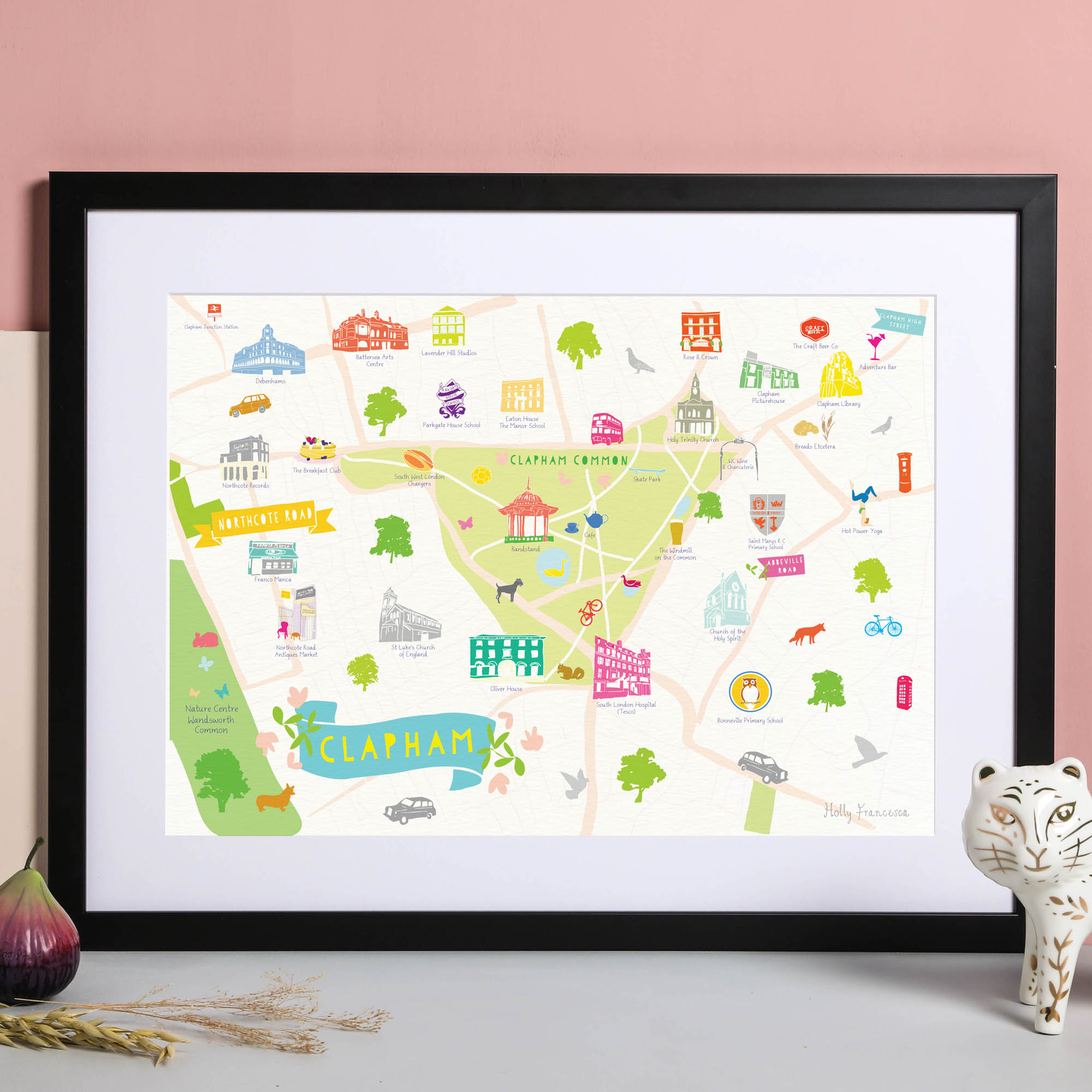 Illustrated hand drawn Map of Clapham art print by artist Holly Francesca.