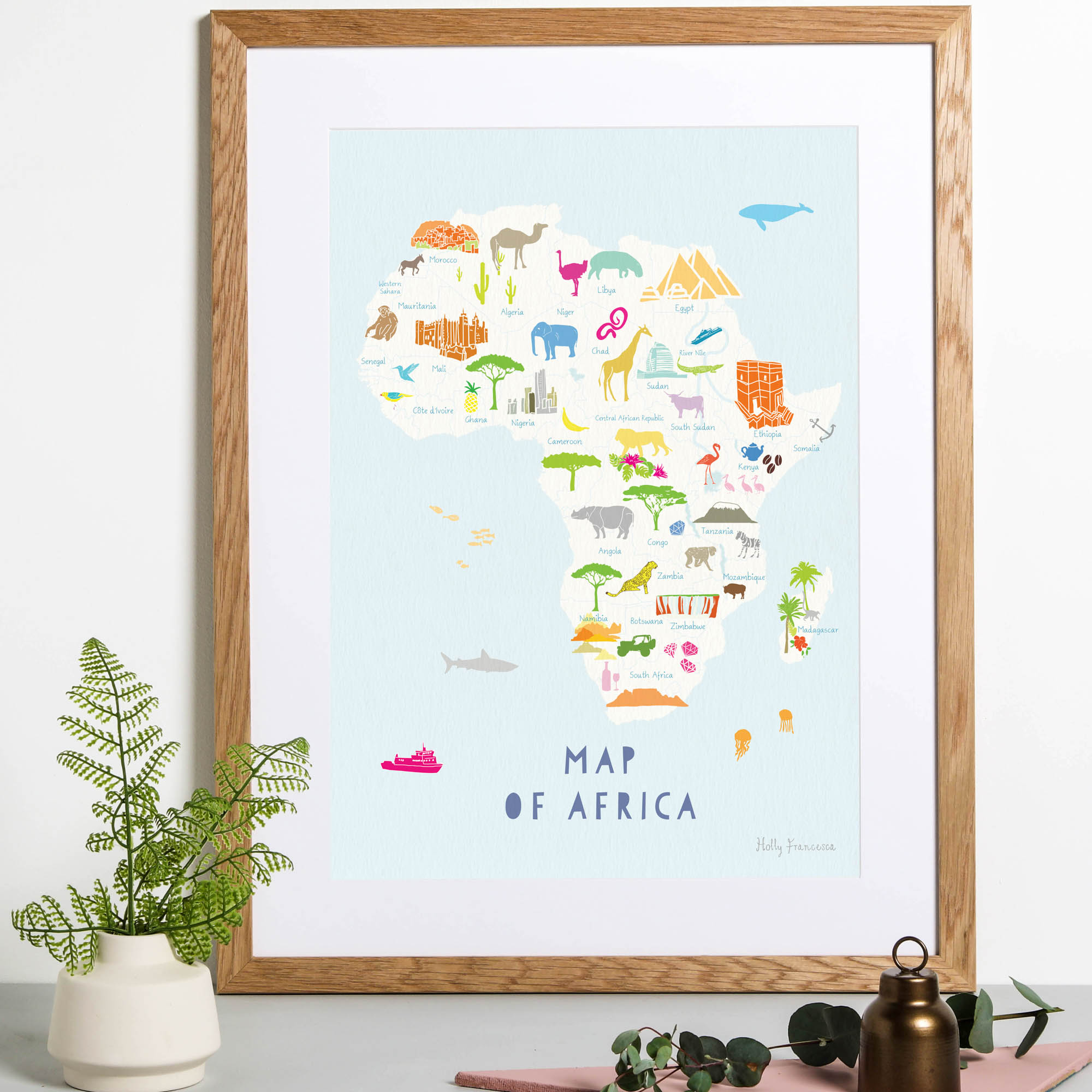 Illustrated hand drawn Map of Africa art print by artist Holly Francesca.
