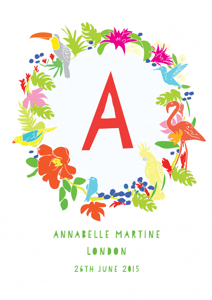 Illustrated hand drawn personalised Tropical Name art print by artist ...