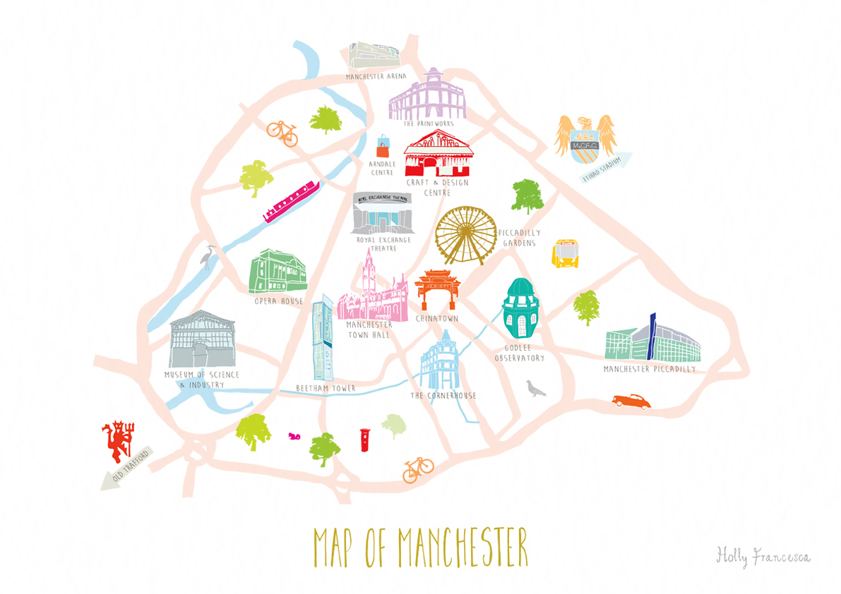 Illustrated hand drawn Map of Manchester art print by artist Holly ...