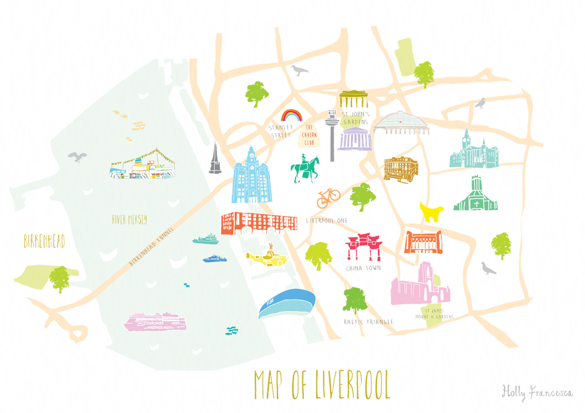 Illustrated hand drawn Map of Liverpool art print by artist Holly ...