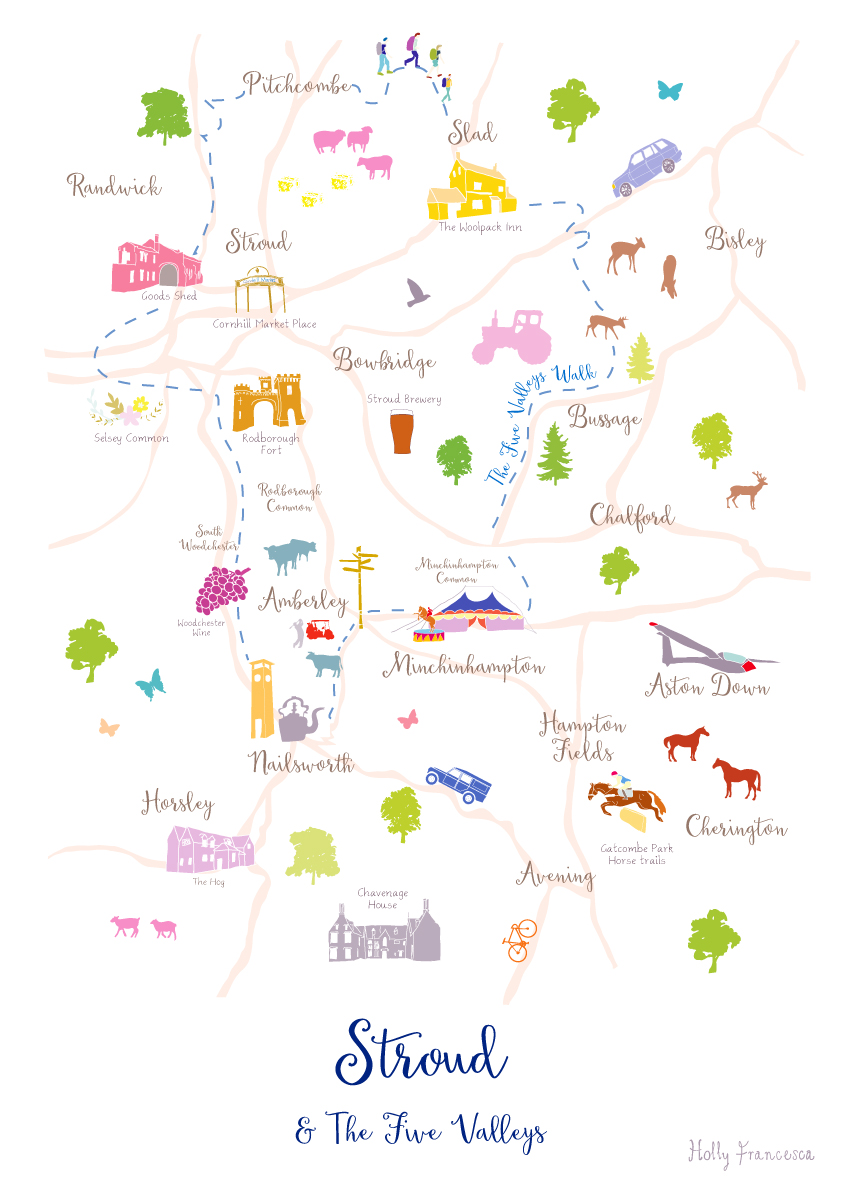 Illustrated hand drawn Map of Stroud & the 5 Valleys art print by ...