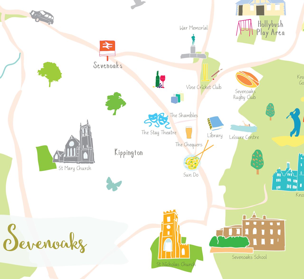 Illustrated hand drawn Map of Sevenoaks by UK artist Holly Francesca.