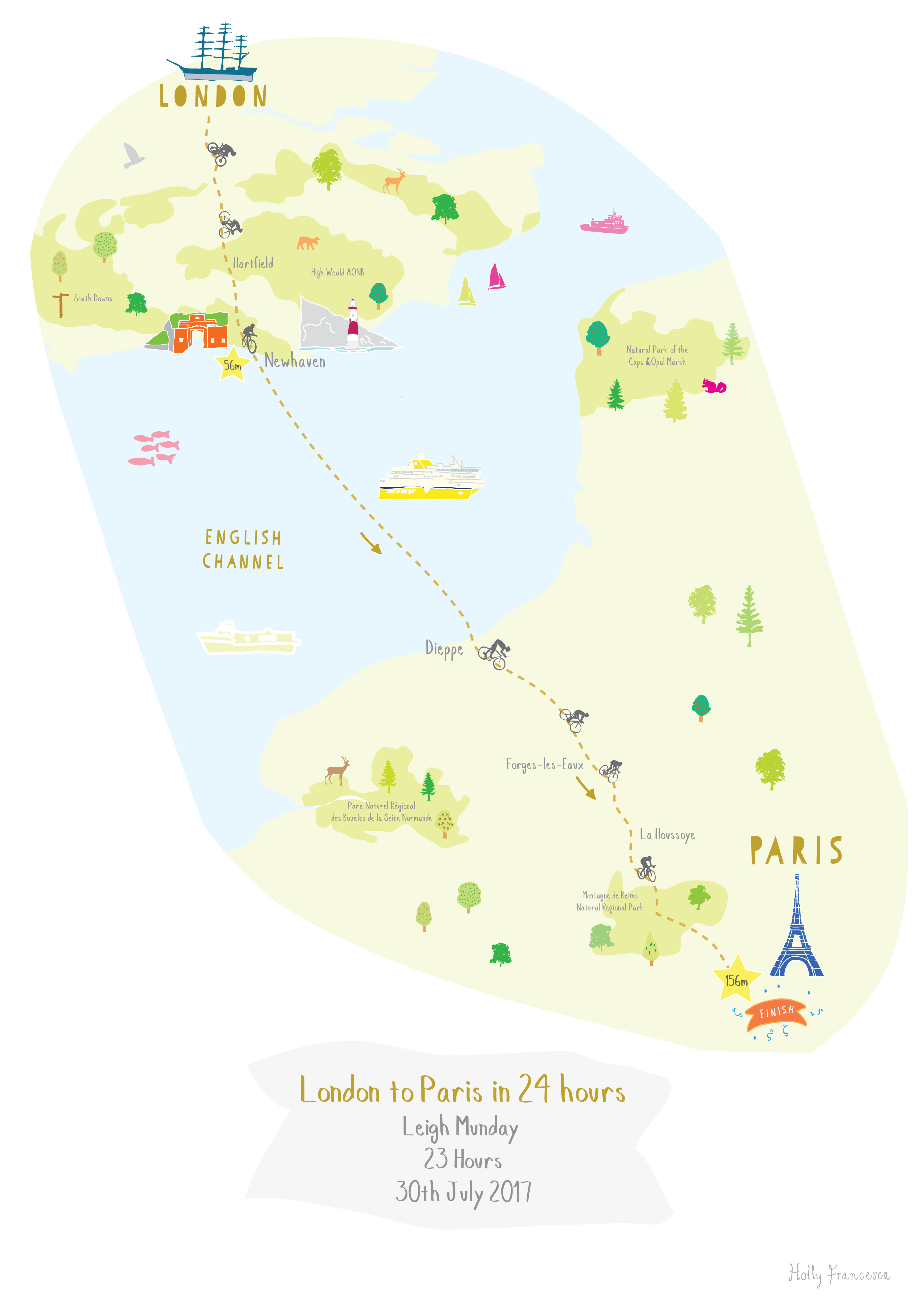 Illustrated hand drawn London to Paris Cycle Route Map by UK artist ...