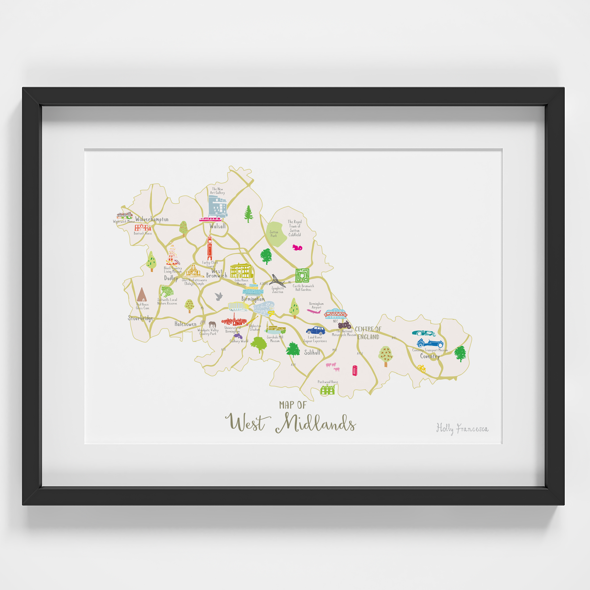 Illustrated hand drawn Map of West Midlands art print by artist Holly ...