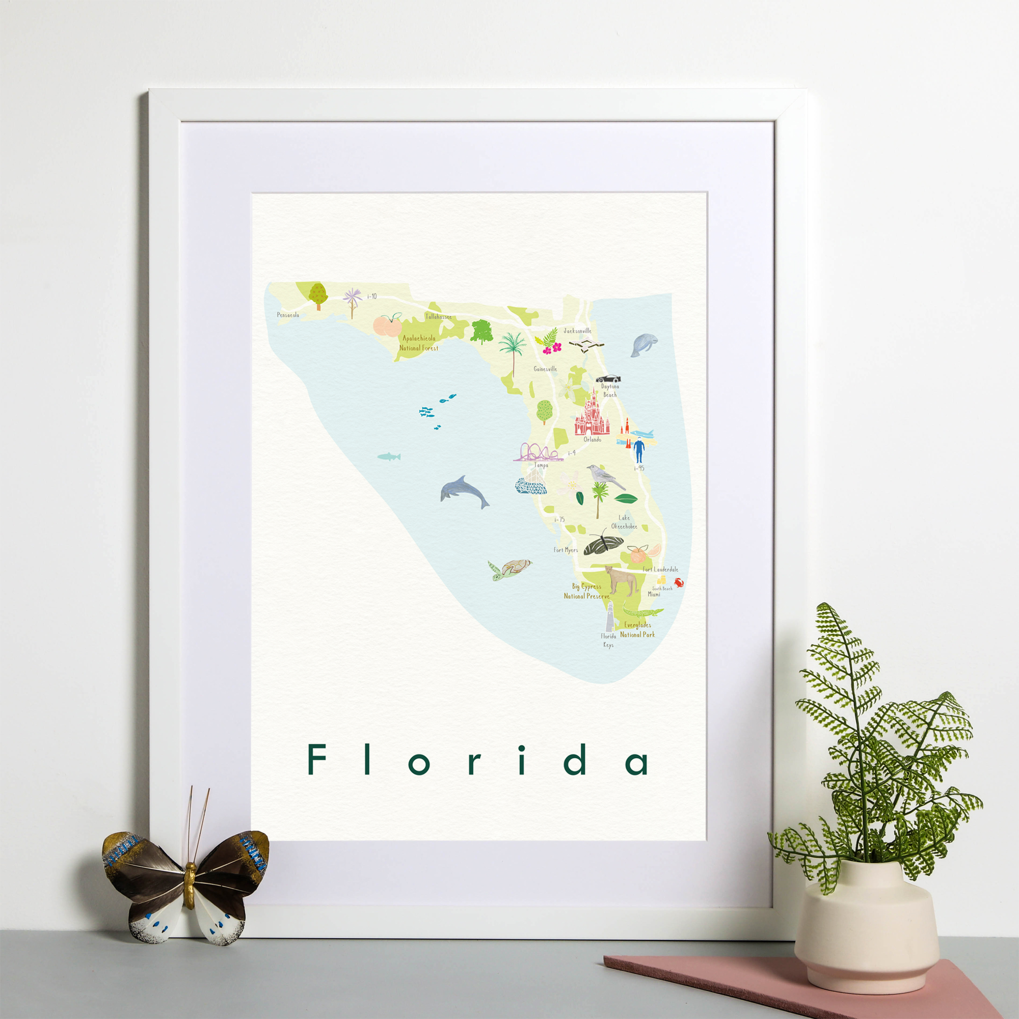 Illustrated hand drawn Map of Florida art print by artist Holly Francesca.