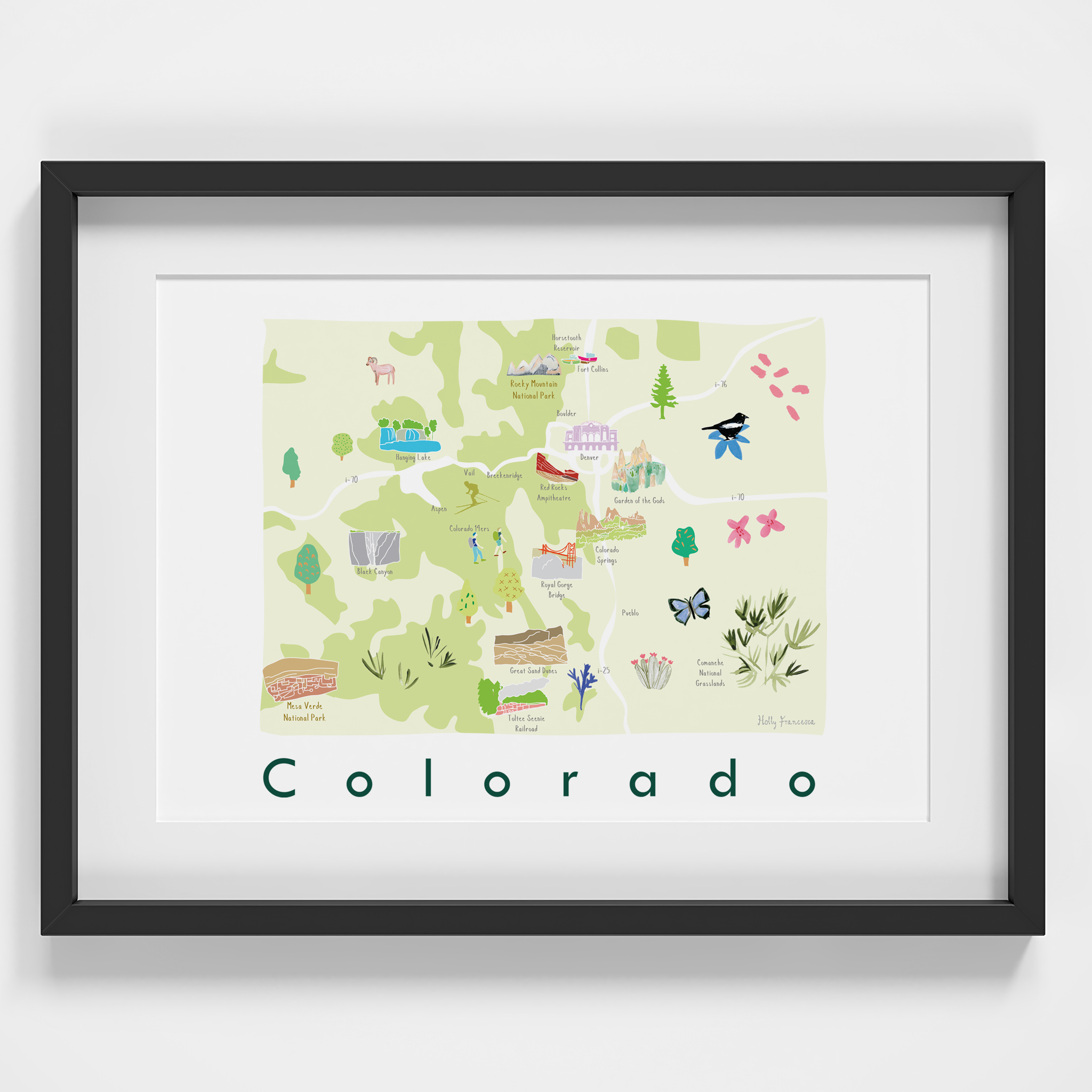Illustrated hand drawn Map of Colorado art print by artist Holly Francesca.