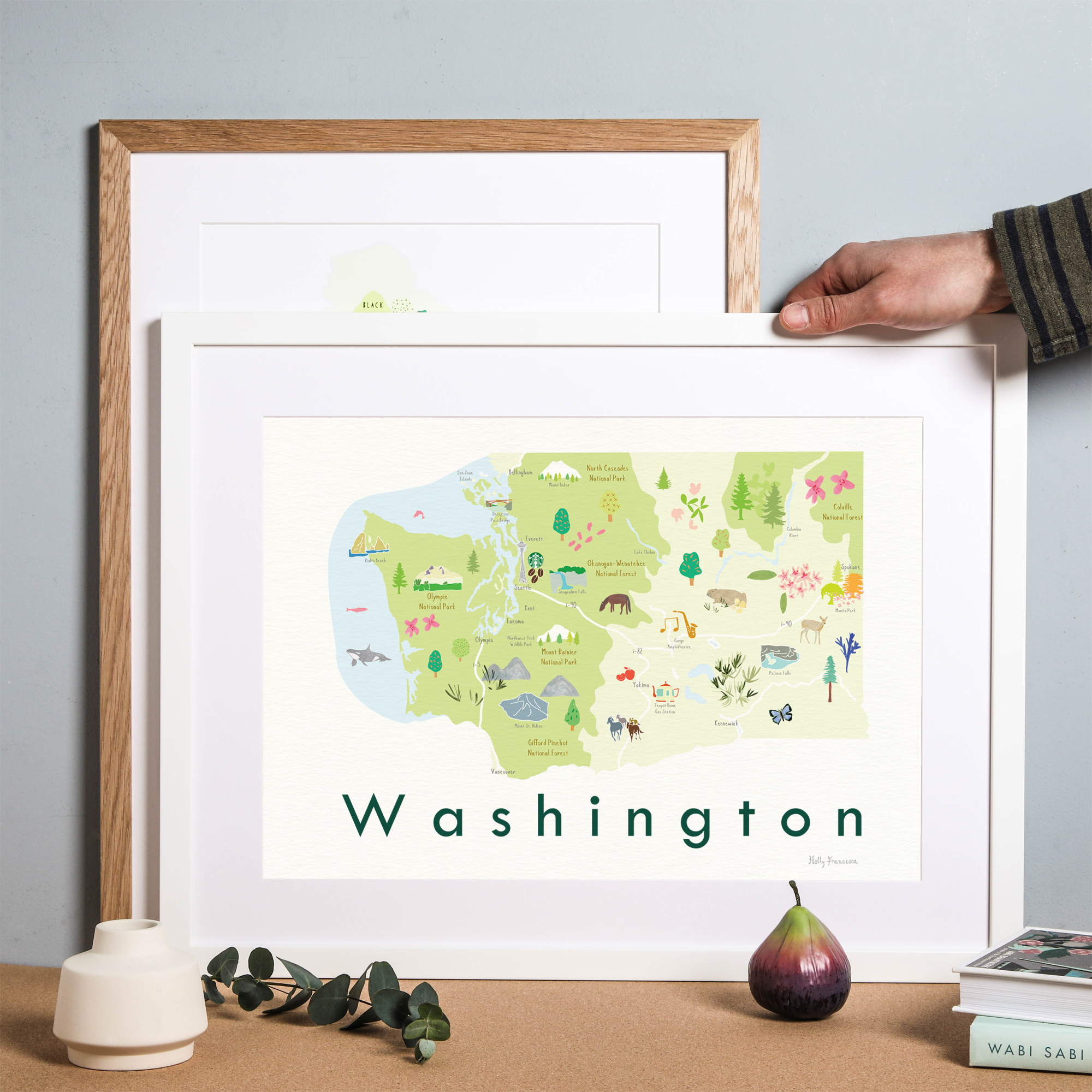 Illustrated hand drawn Map of Washington art print by artist Holly ...