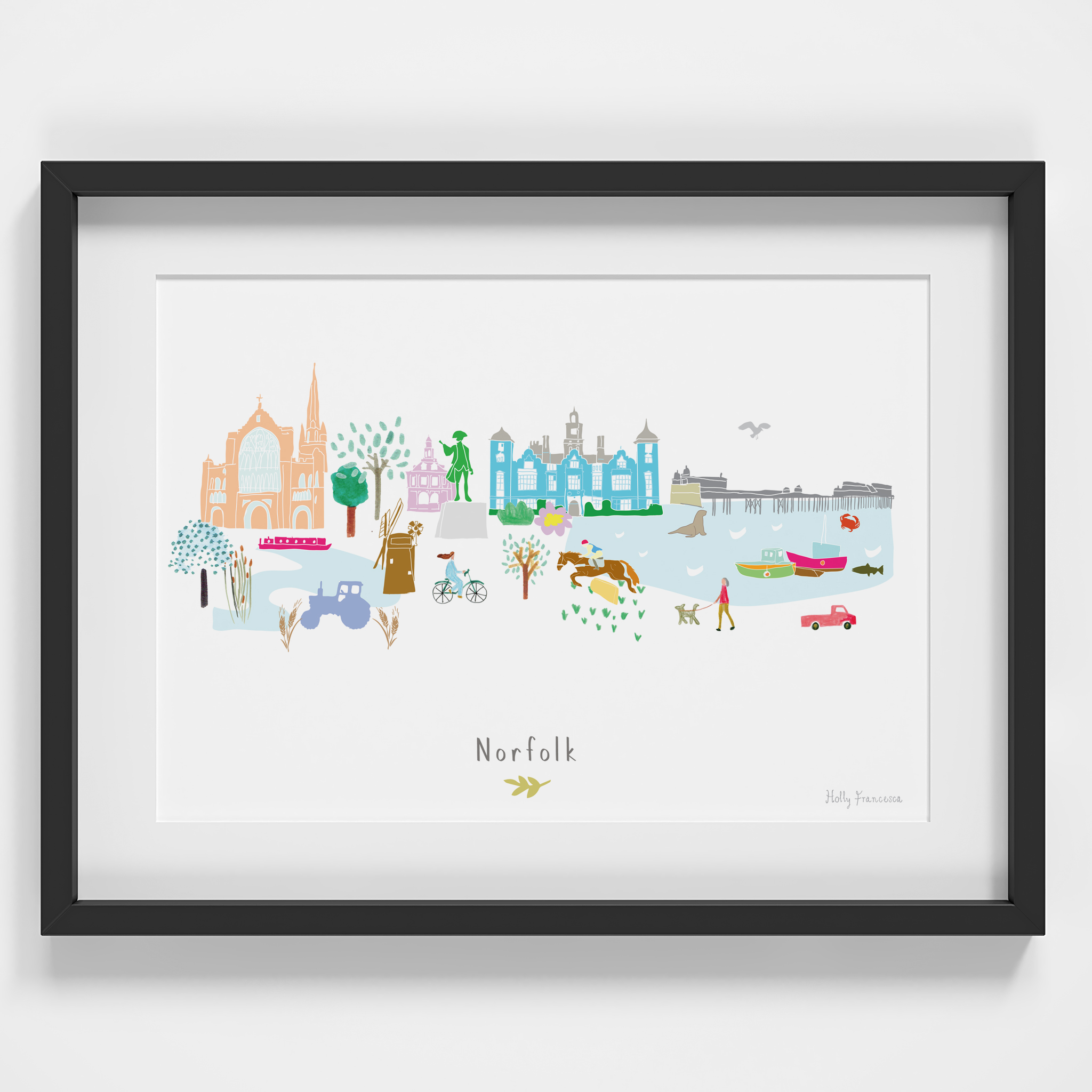 Illustrated hand drawn Norfolk Skyline Landscape art print by artist ...