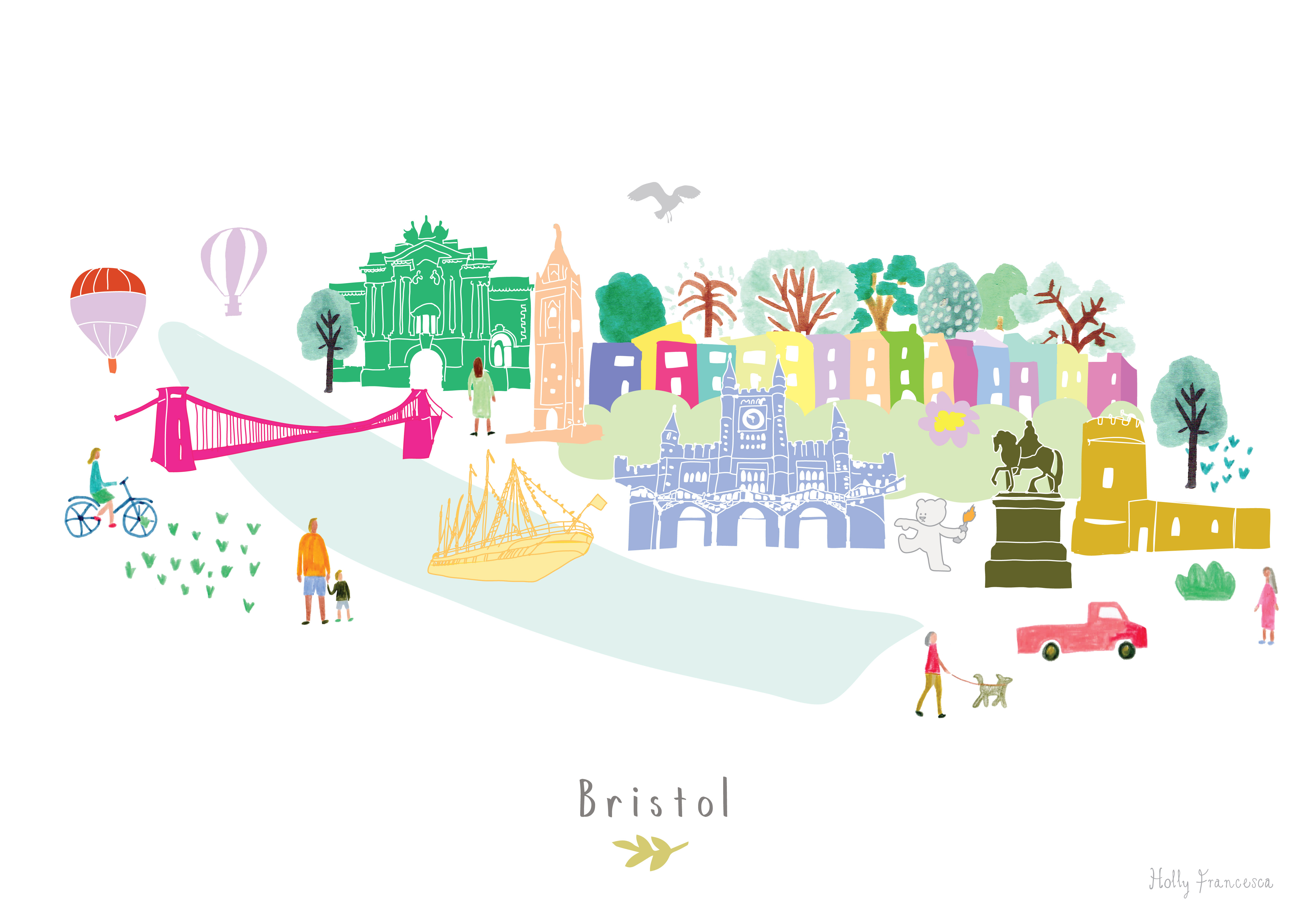 Illustrated hand drawn Bristol Skyline Cityscape art print by artist ...