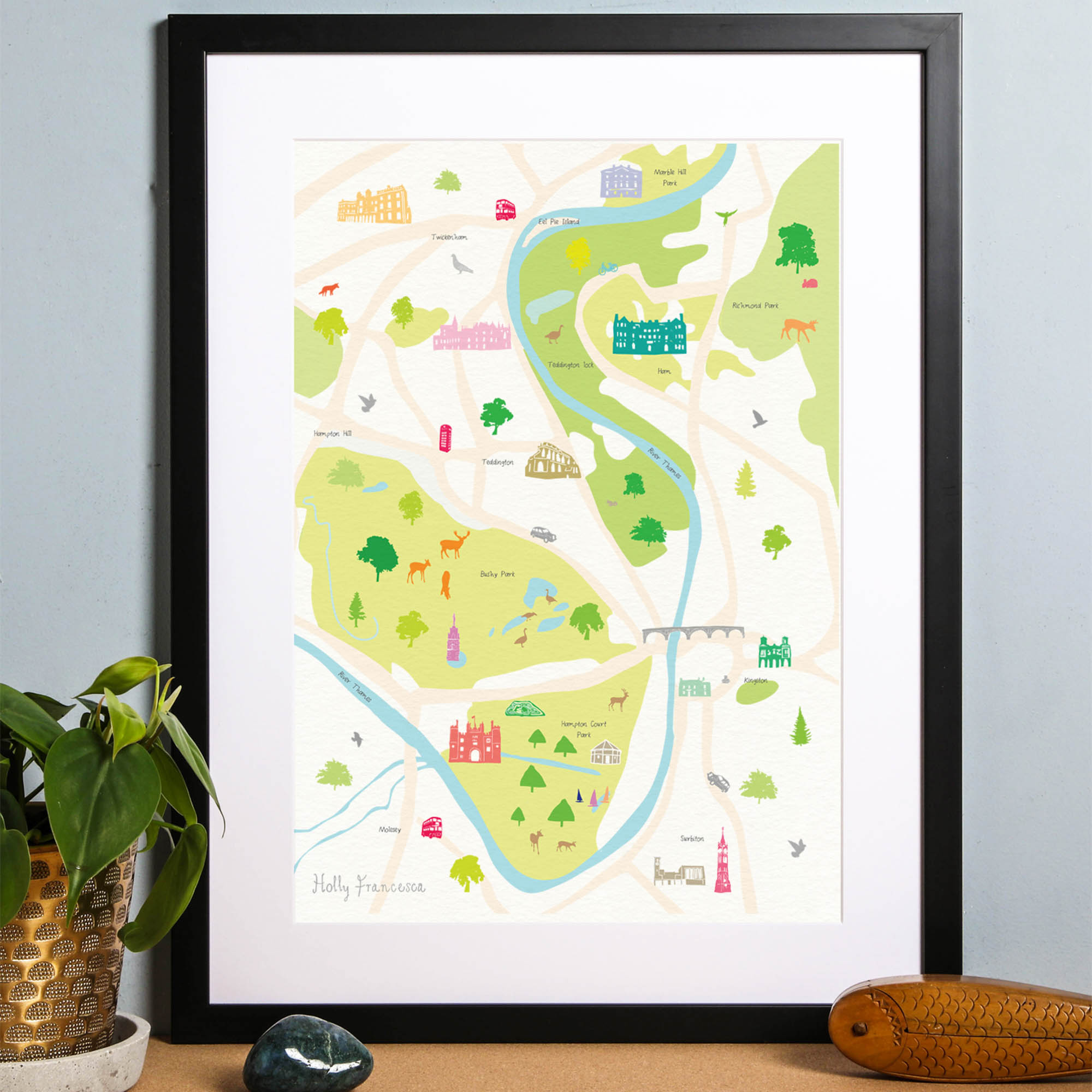 Illustrated hand drawn Map of Hampton Court and Surrounding Areas art ...