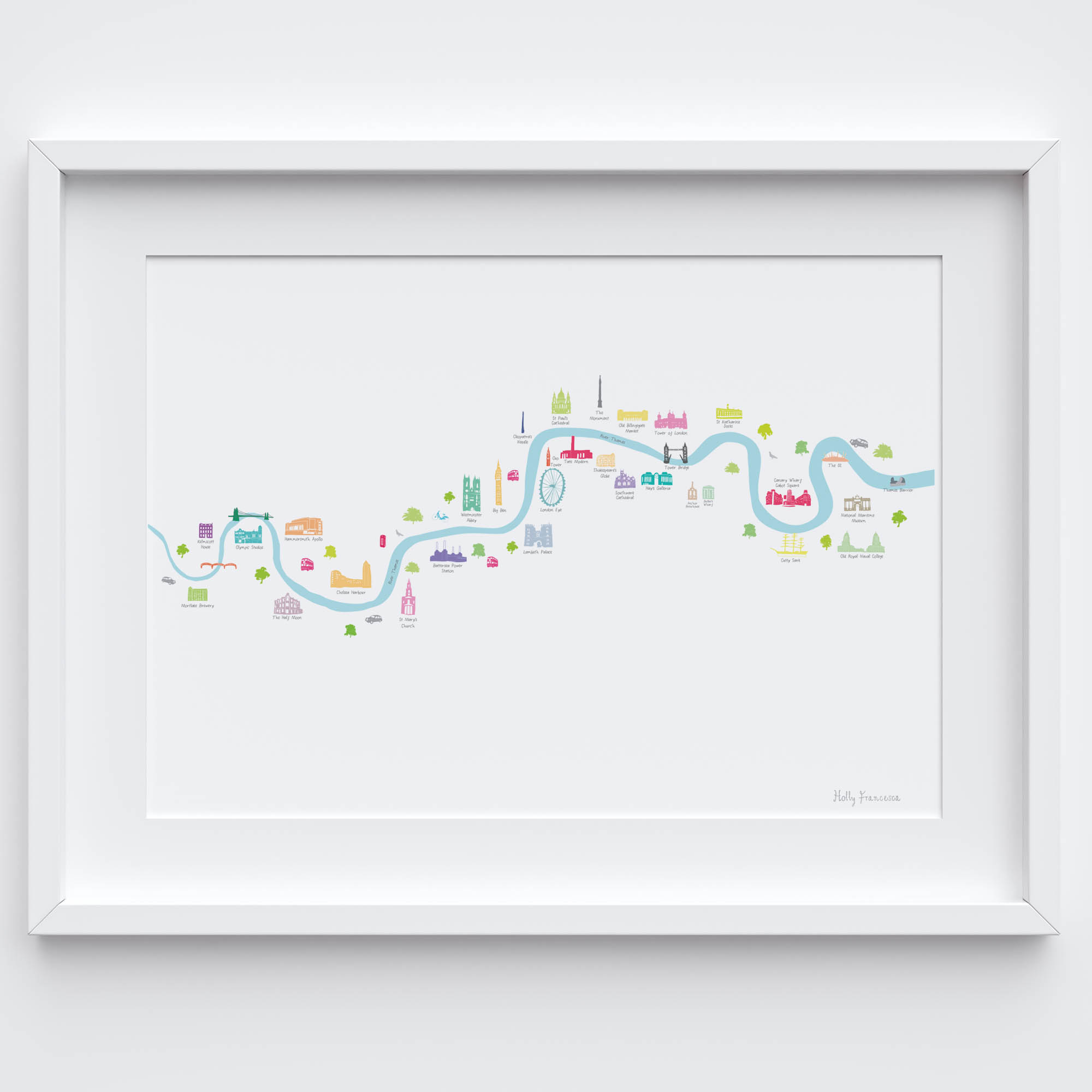 Illustrated hand drawn Map of River Thames Thames Barrier to Barnes ...