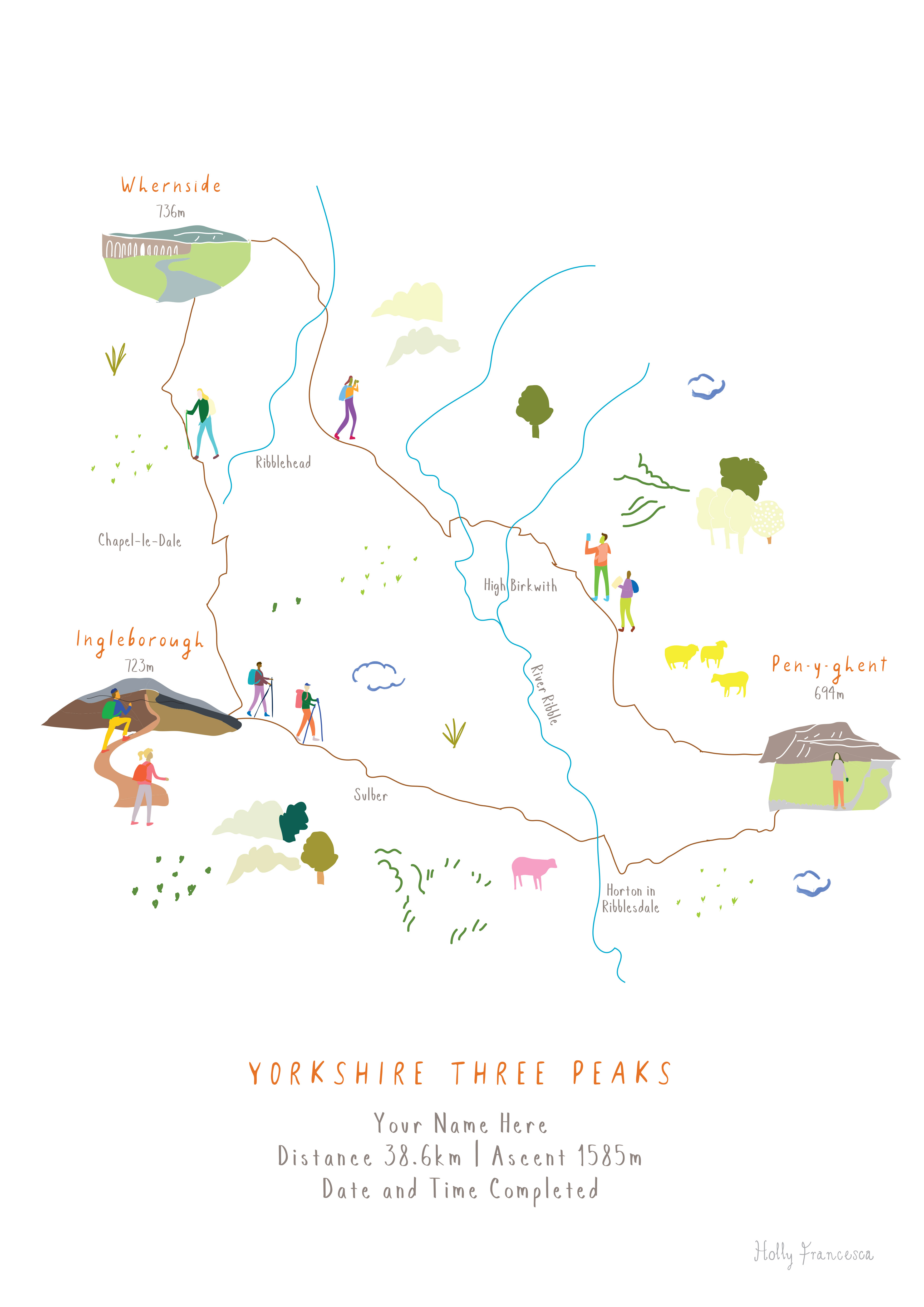 Illustrated hand drawn Yorkshire Three Peaks Route Map art print by ...