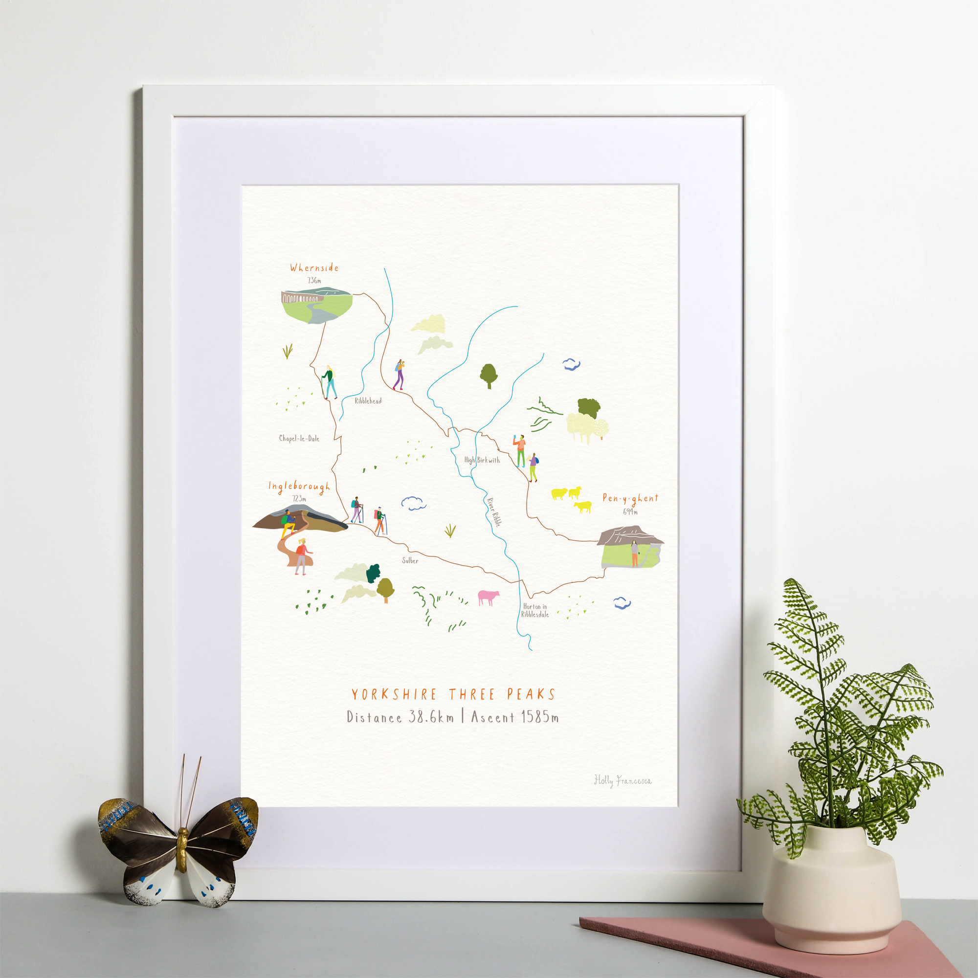 Illustrated hand drawn Yorkshire Three Peaks Route Map art print by ...