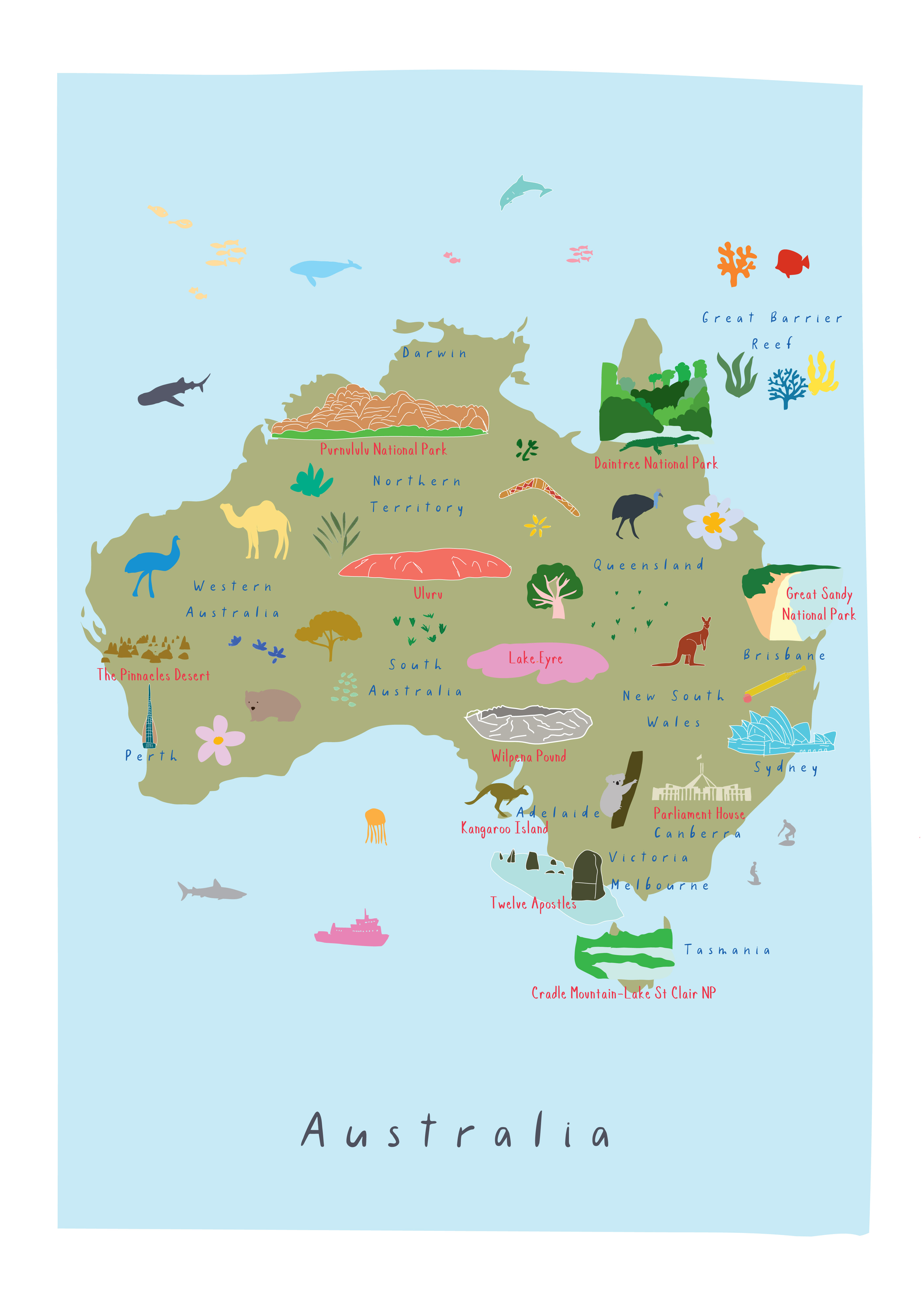 Illustrated hand drawn Map of Australia by UK artist Holly Francesca.
