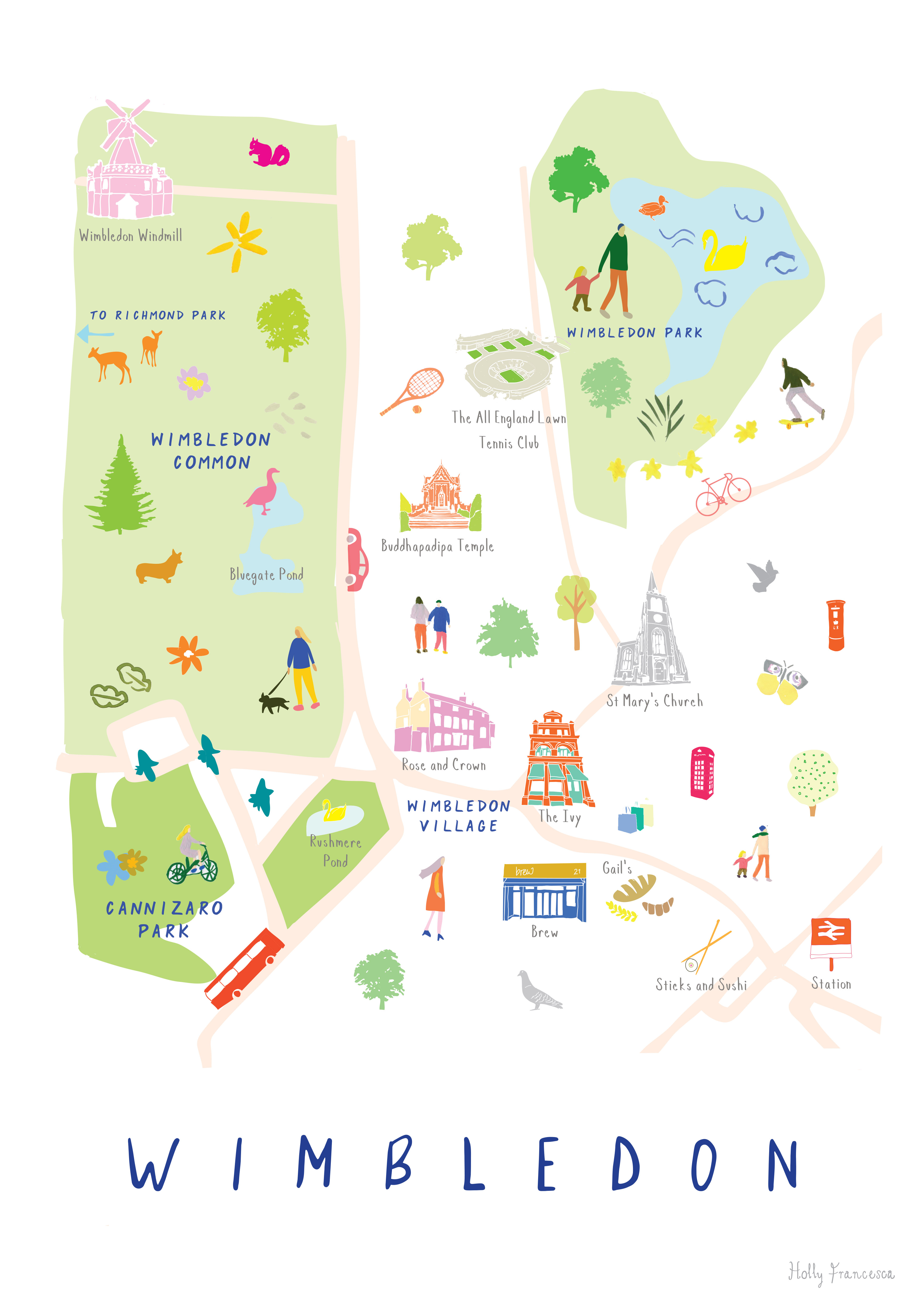 Illustrated hand drawn Map of Wimbledon Village art print by artist ...