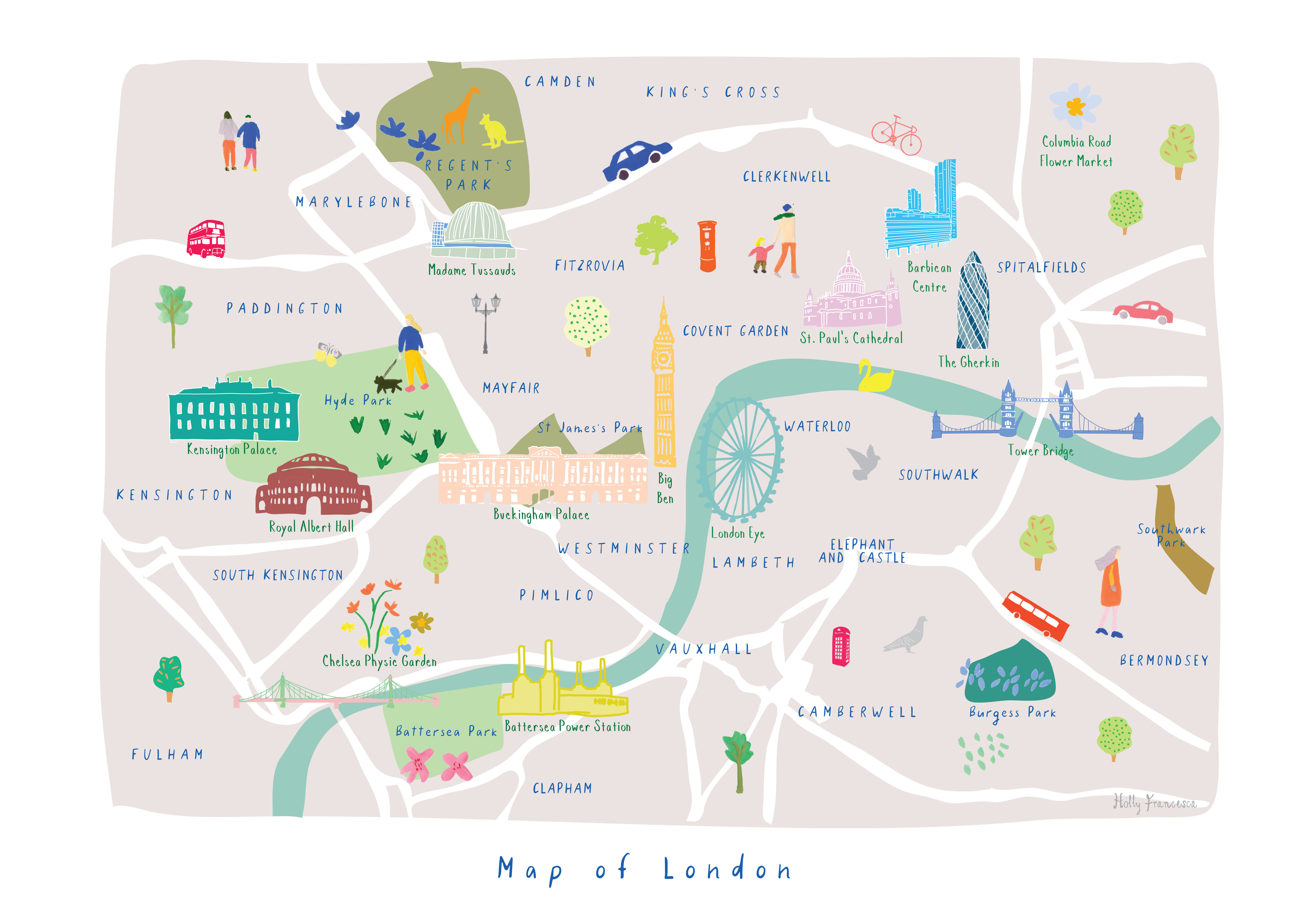 Illustrated Personalised London Map Art Print by artist Holly Francesca.