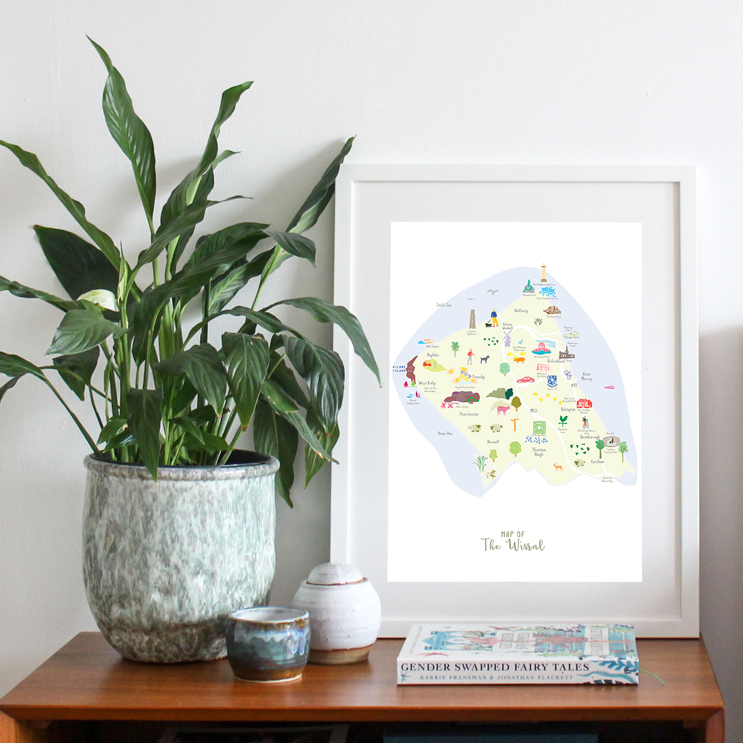 Illustrated hand drawn Map of The Wirral by UK artist Holly Francesca.