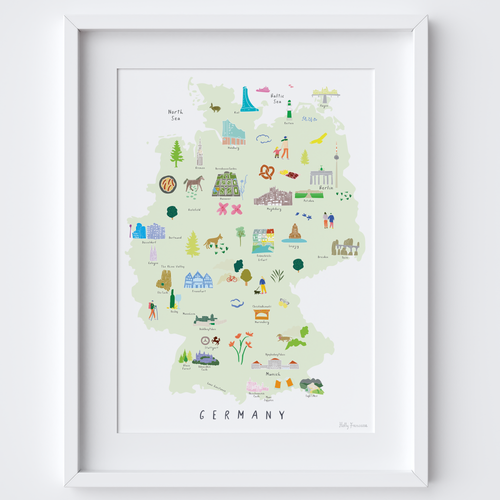 Illustrated hand drawn Map of Germany by UK artist Holly Francesca.