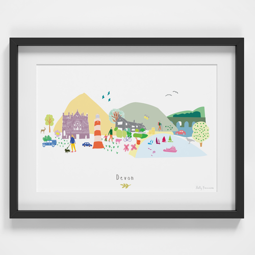 Illustrated hand drawn Devon Skyline Landscape art print by artist ...