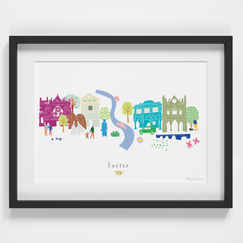 Illustrated hand drawn Exeter Skyline Cityscape art print by artist ...