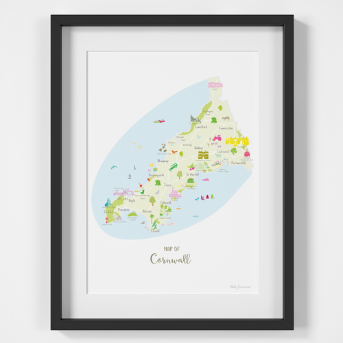 Illustrated hand drawn Map of Cornwall art print by artist Holly Francesca.