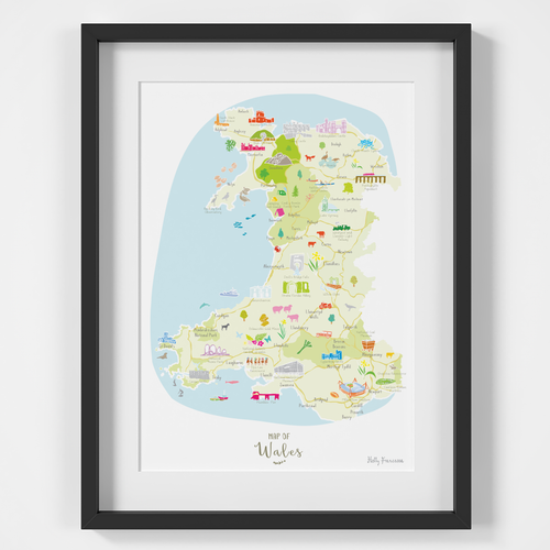 Illustrated hand drawn Map of Wales by UK artist Holly Francesca.