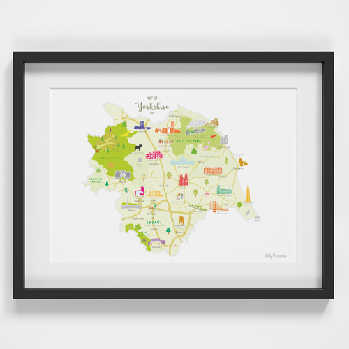 Illustrated hand drawn Map of Yorkshire by UK artist Holly Francesca.