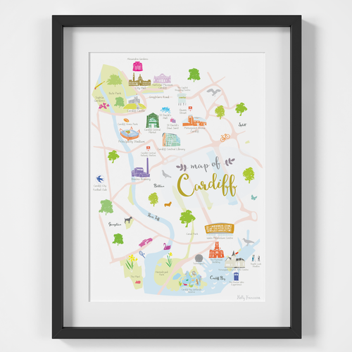 Illustrated hand drawn Map of Cardiff art print by artist Holly Francesca.