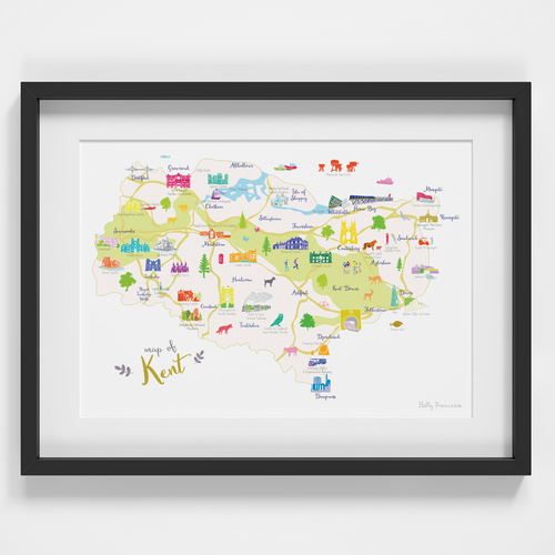 Illustrated hand drawn Map of Kent by UK artist Holly Francesca.