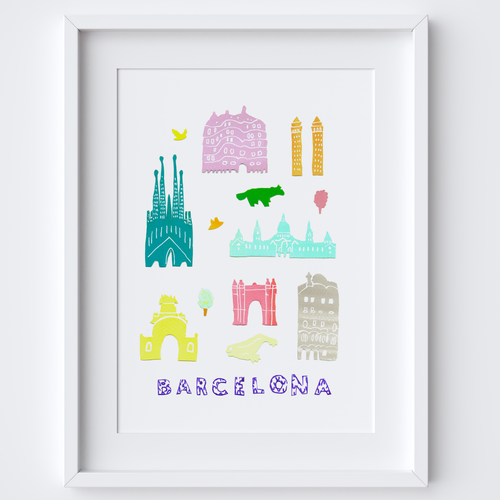 Illustrated papercut Barcelona landmark buildings art print by artist ...