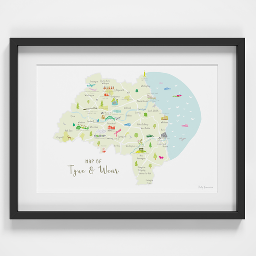 Illustrated hand drawn Map of Tyne & Wear art print by artist Holly ...