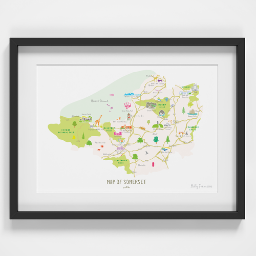 Illustrated hand drawn Map of Somerset art print by artist Holly Francesca.