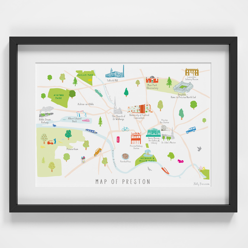 Illustrated hand drawn Map of Preston art print by artist Holly Francesca.
