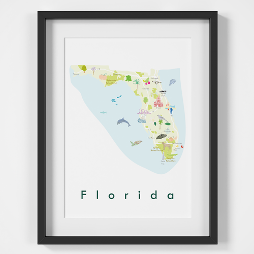 Illustrated hand drawn Map of Florida art print by artist Holly Francesca.
