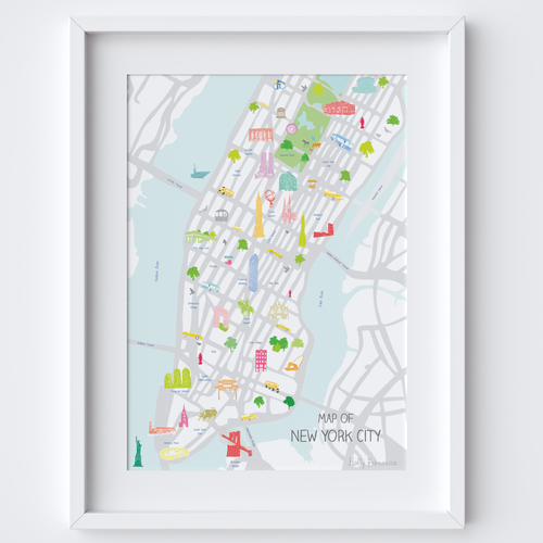 Illustrated hand drawn Map of New York City art print by artist Holly ...