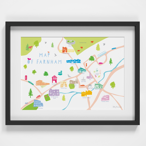 Illustrated hand drawn Map of Farnham art print by artist Holly Francesca.