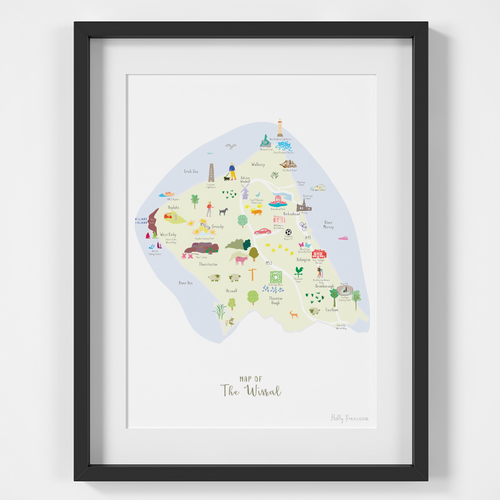Illustrated hand drawn Map of The Wirral by UK artist Holly Francesca.