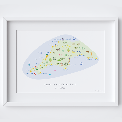 Illustrated hand drawn South West Coast Path Route Map Art Print by ...