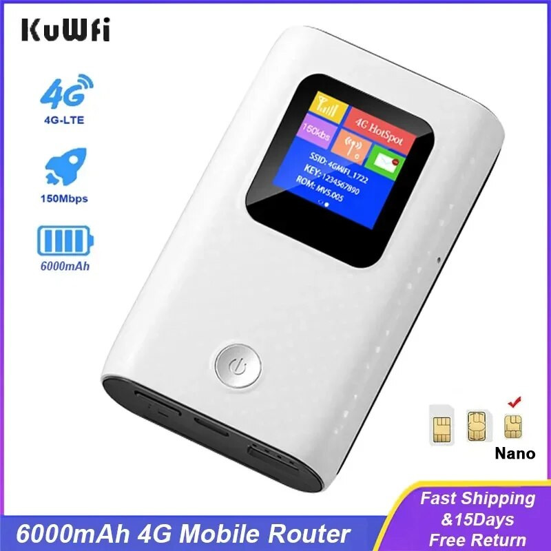KuWFi 4G Mobile Router 150Mbps Portable Lte Router Mini Modem 6000mAh ...