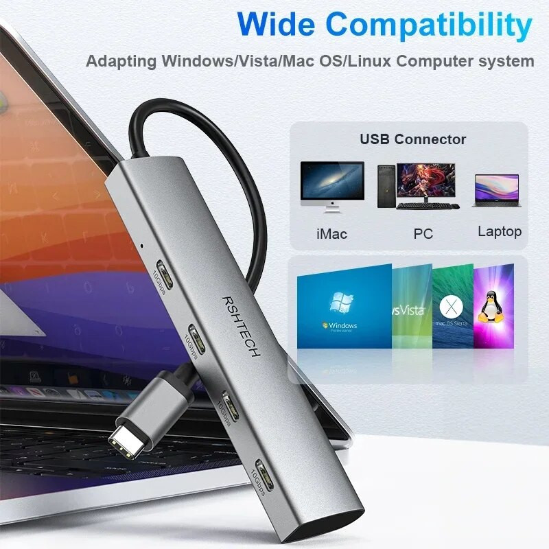 RSHTECH USB C Hub 10Gbps 4-IN-1 Type-C to USB-C 3.2 Gen 2 Portable USB ...
