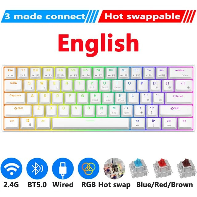 RK61 Royal Kludge Wireless Mechanical Keyboard Tri-Mode Bluetooth 5.0/2 ...