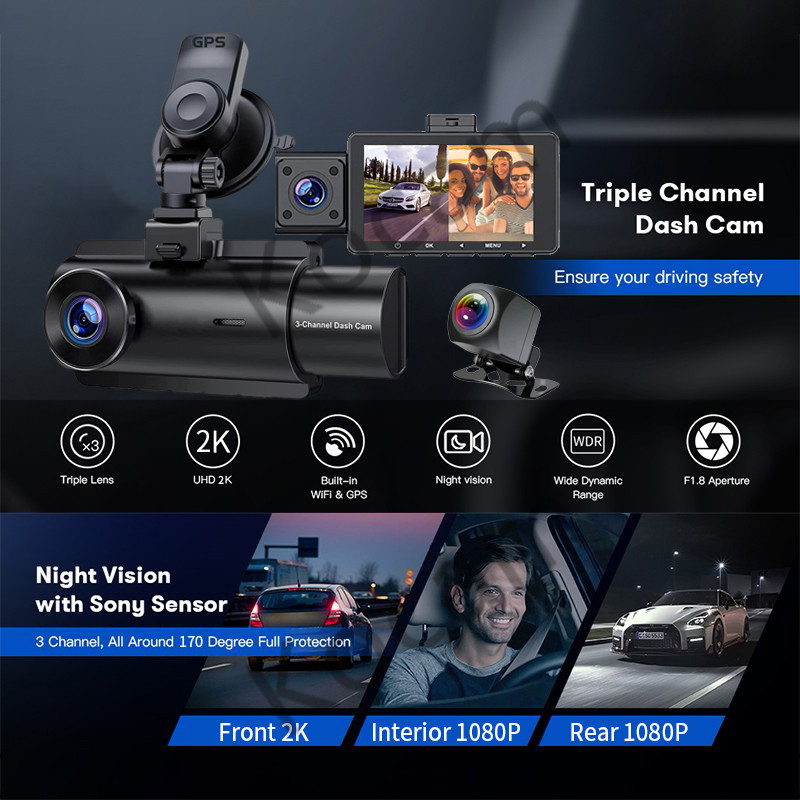 AZDOME M550 3 Channel Dash Cam Front Inside Rear Three Way Car Dash ...