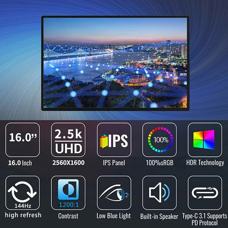 Bimawen 16 Inch 2.5K 144Hz Portable Monitor 2560X1600 100 Adobe SRGB ...