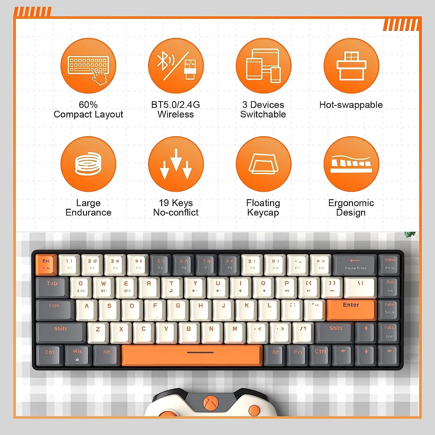 60% Wireless Mechanical Keyboard Bluetooth Dual Mode Hot-Swappable Mini ...