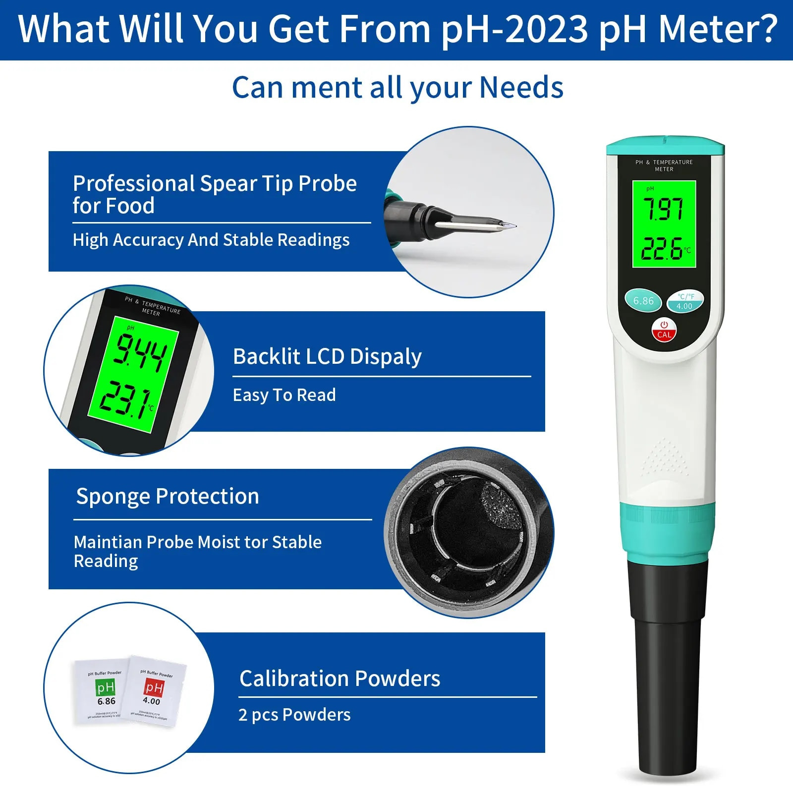 Professional Food PH Meter 0.00~14.00pH Temp pH Tester High Accuracy ...