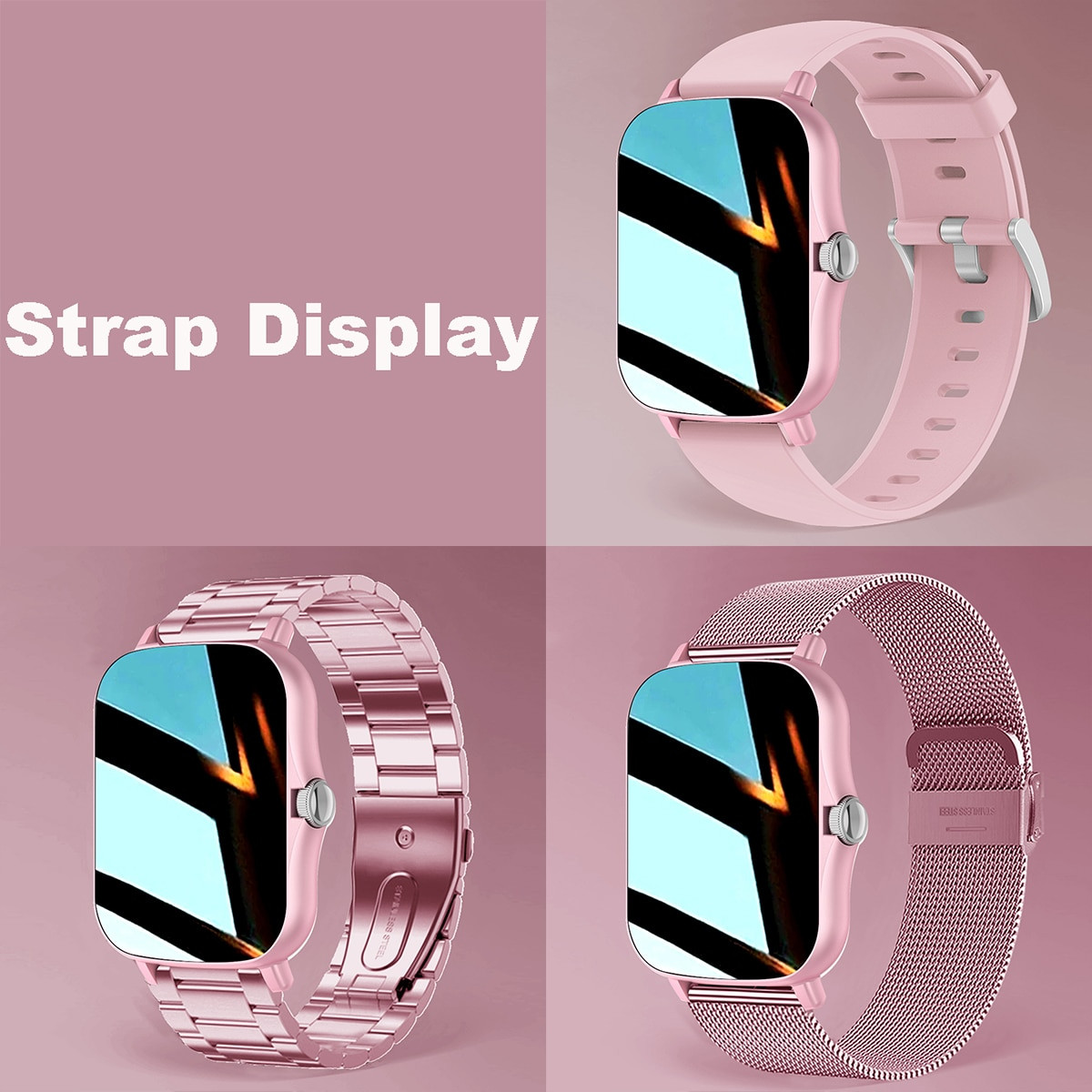 2pc Straps Smart Watch Women Men Smartwatch Square Stainless Steel ...